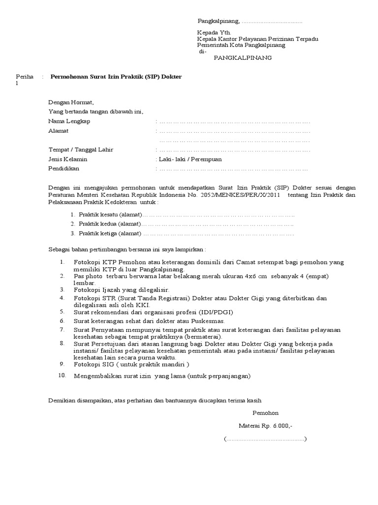 Permohonan SIP Dokter Pangkalpinang | PDF