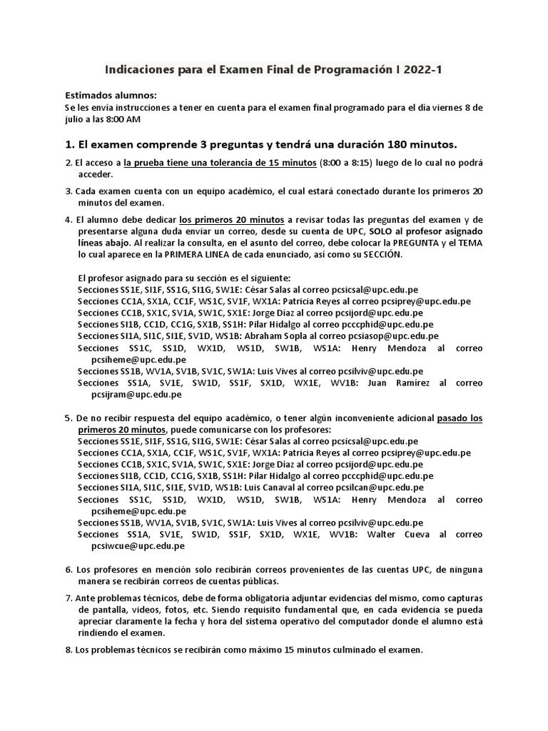 Indicaciones para El Examen Final de Programación I 2022-1 | PDF ...