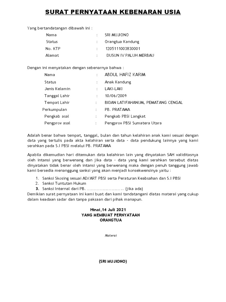 Surat Kebenaran Usia Pbsi Langkat | PDF