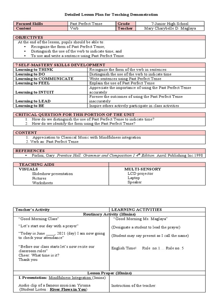 Detailed Lesson Plan For Teaching Demonstration | PDF | Perfect ...