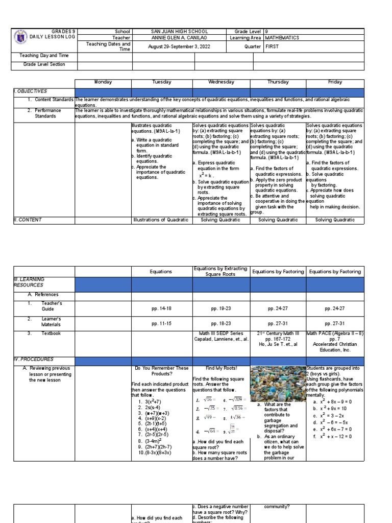 Grades 9 Daily Lesson Log School Grade Level 9 Teacher Learning Area ...