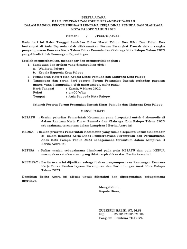 Format Berita Acara - Forum OPD 2023. | PDF