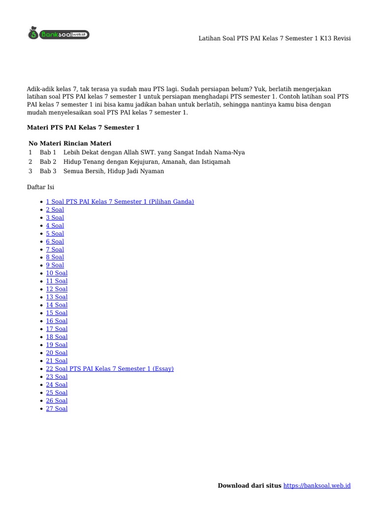 Latihan Soal PTS PAI Kelas 7 Semester 1 K13 Revisi | PDF