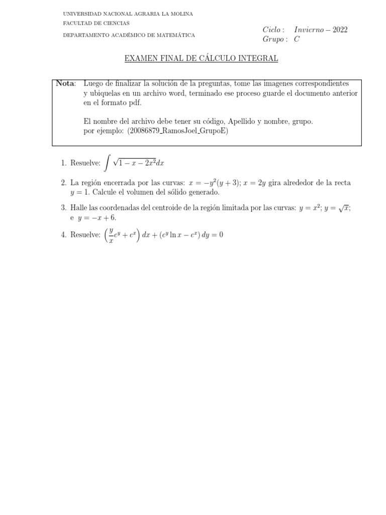 Examen Final - Cálculo Integral | PDF
