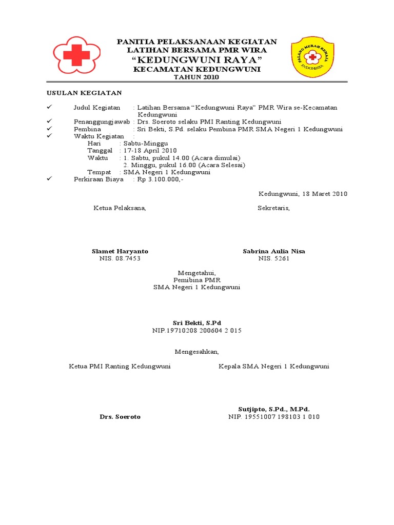 Proposal Kegiatan - Kegiatan - Latihan Bersama PMR Wira | PDF