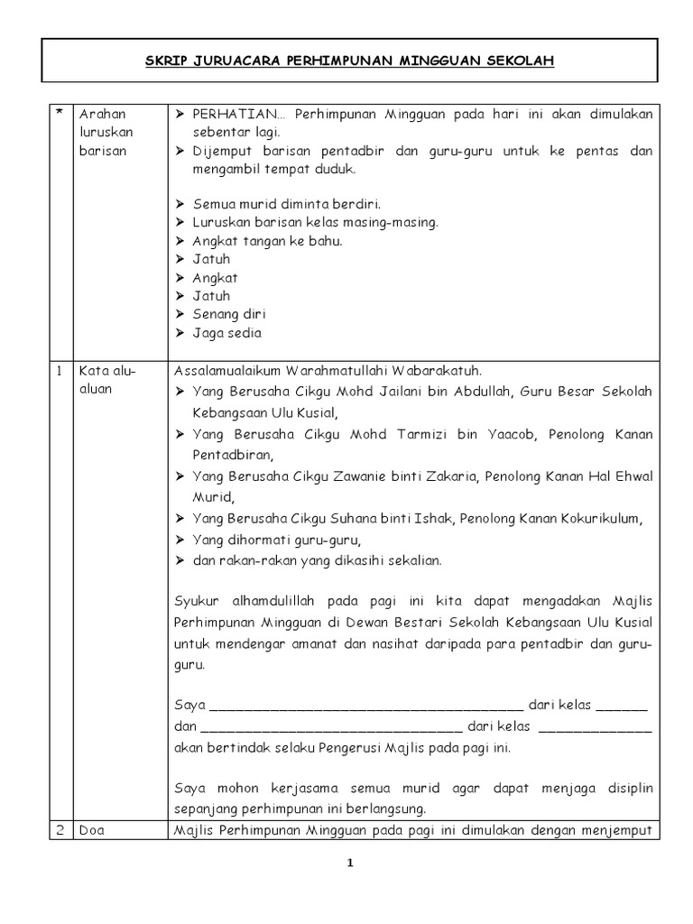 Skrip Juruacara Perhimpunan Mingguan | PDF