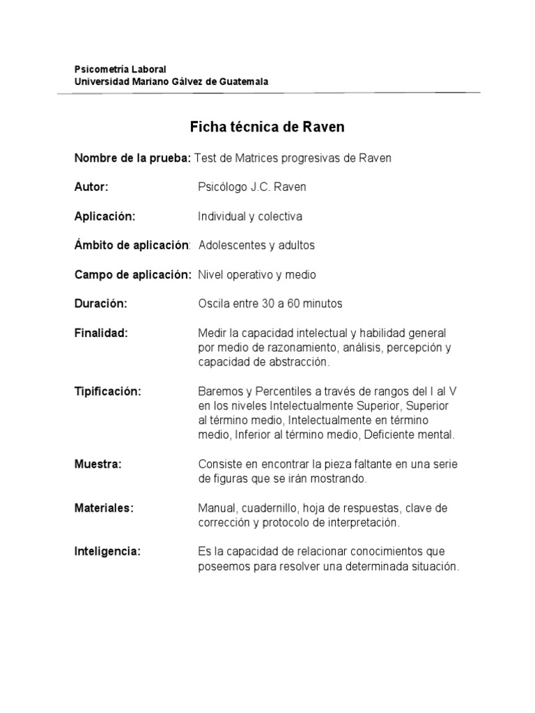 Ficha Tecnica Raven | PDF | Ciencia y matemáticas