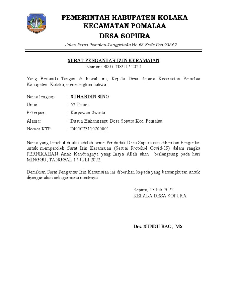 Surat Izin Keramaian Pernikahan Sopura | PDF