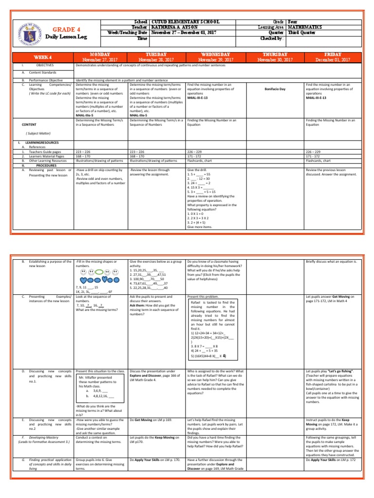 Grade 4 Math Lesson Plan: Patterns | PDF | Numbers | Sequence