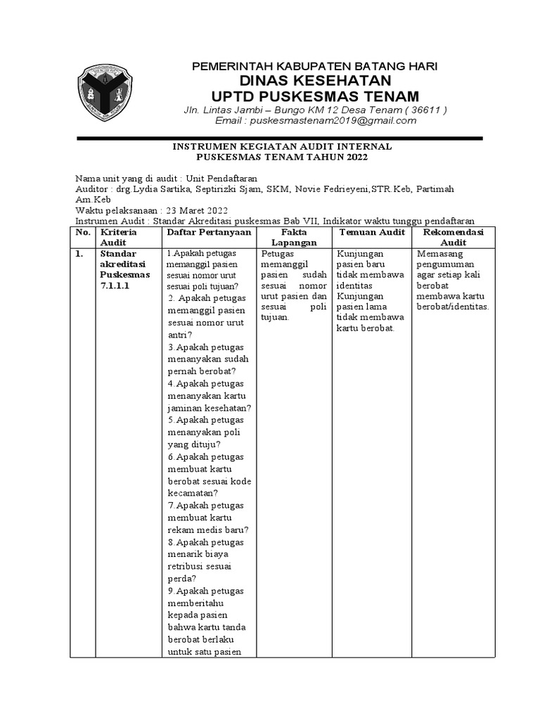 Instrumen Audit Internal Pendaftaran | PDF