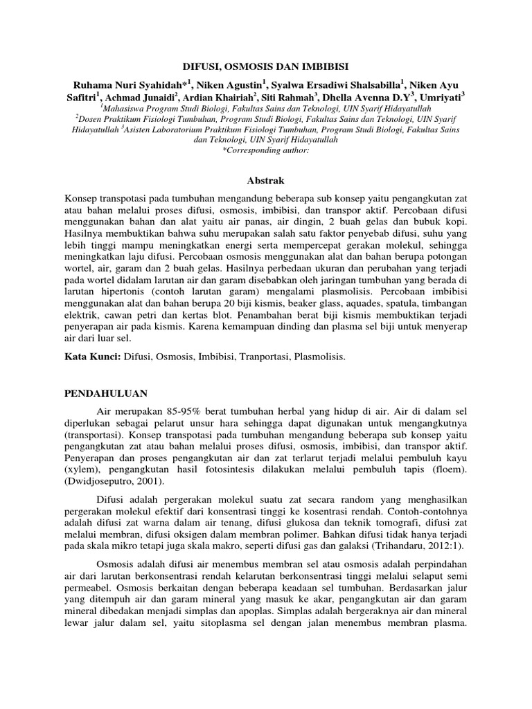 Jurnal DIFUSI OSMOSIS DAN IMBIBISI Fisio | PDF | Sains & Matematika