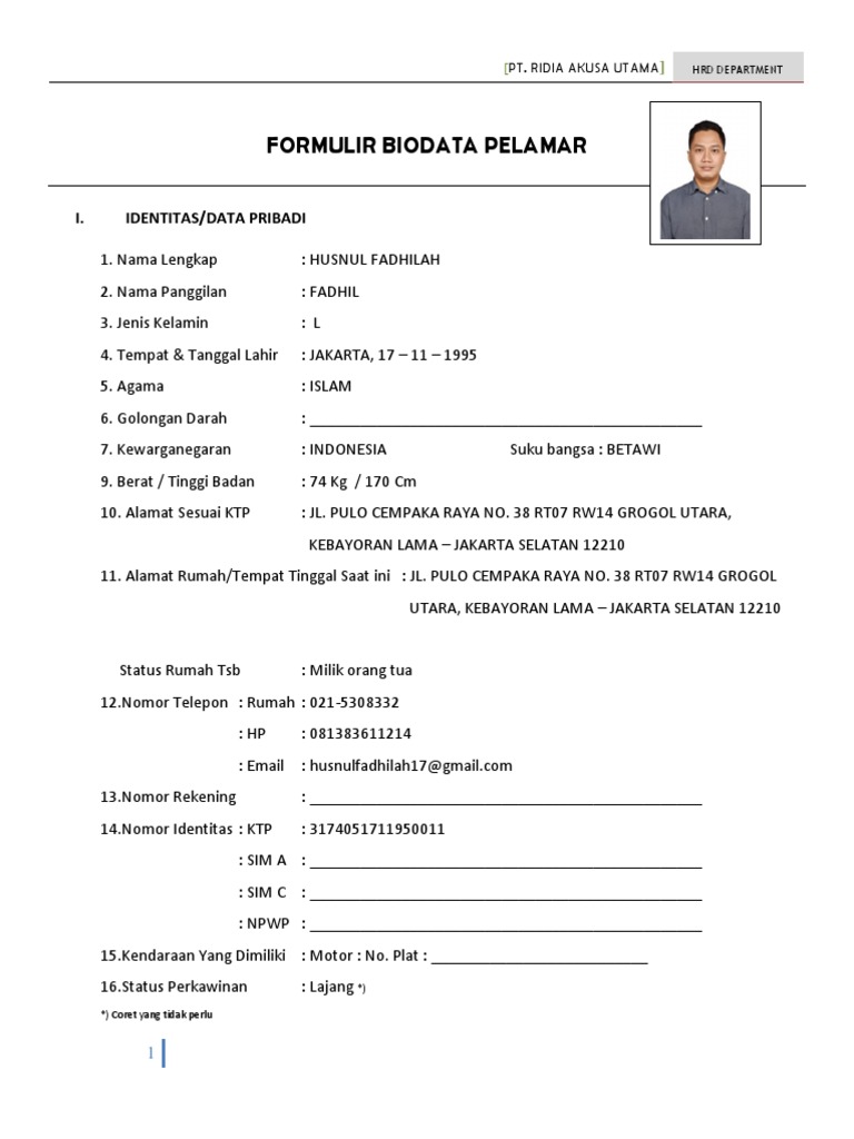 Formulir Biodata Pelamar | PDF