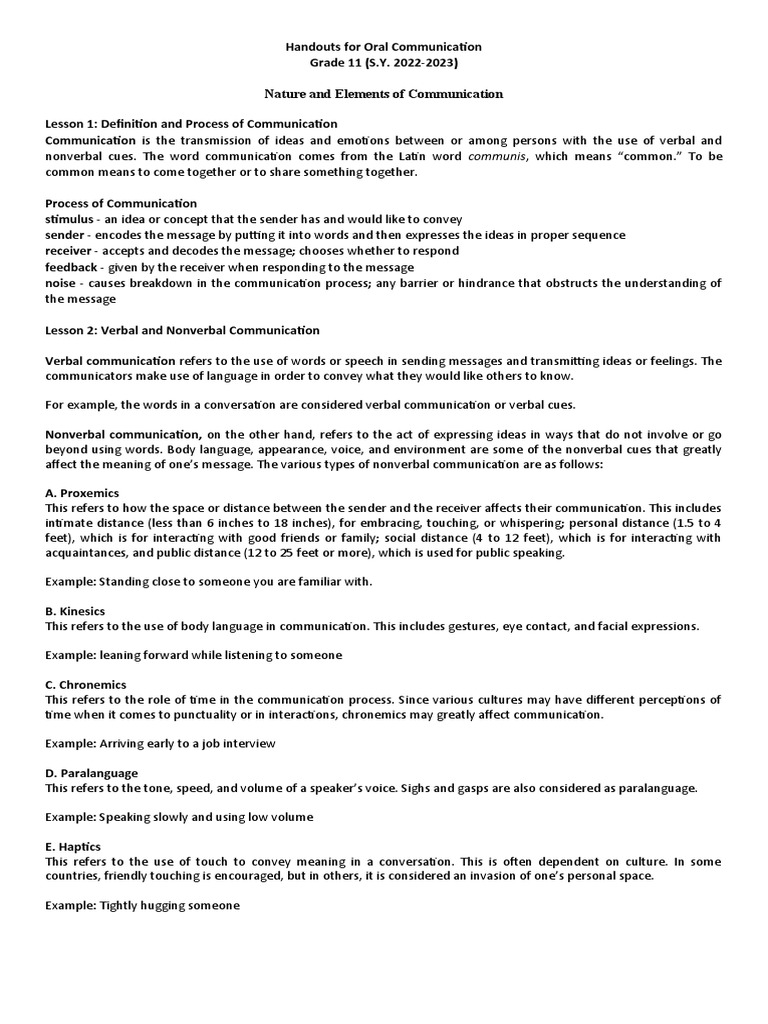Handouts For Oral Communication | PDF