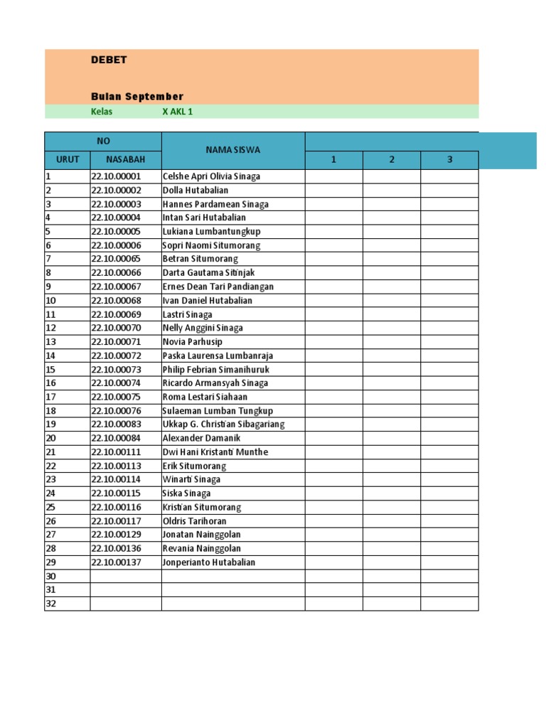 Setoran Tabungan Bulan September X Akl 1 | PDF