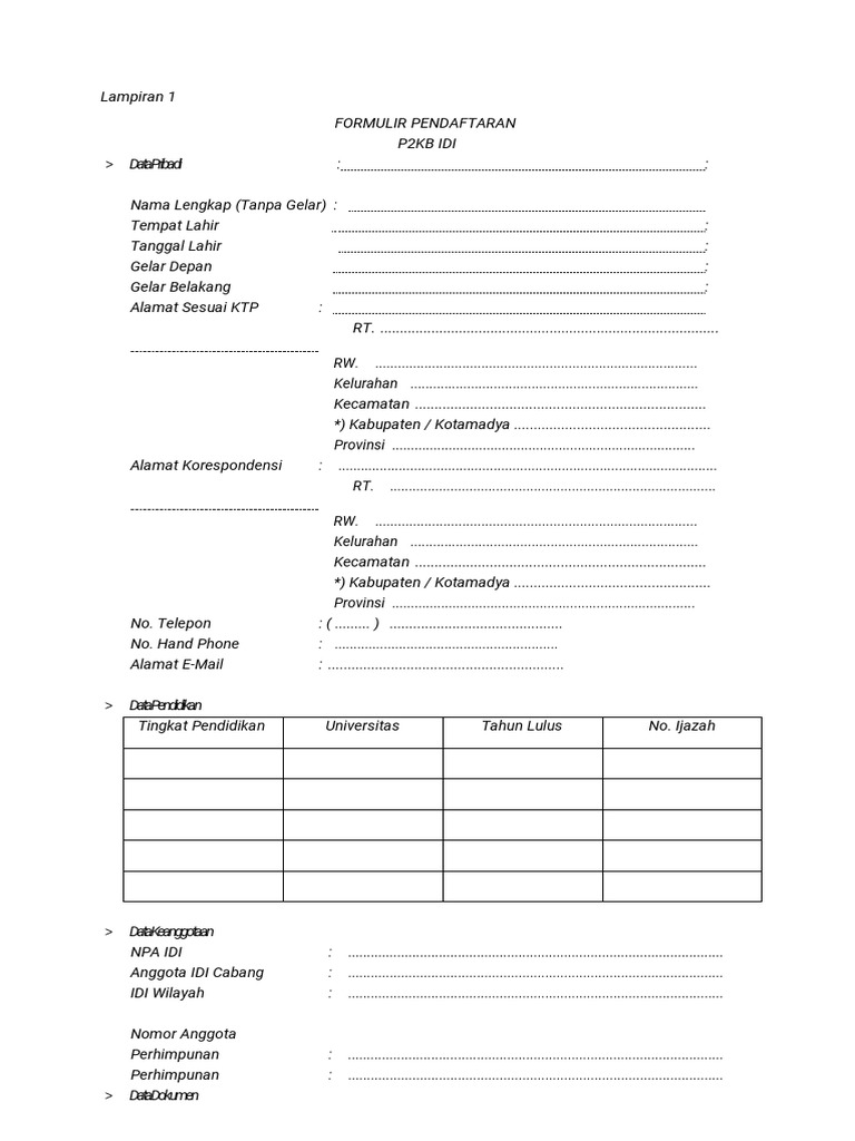 Form Pendaftaan p2kb Idi | PDF