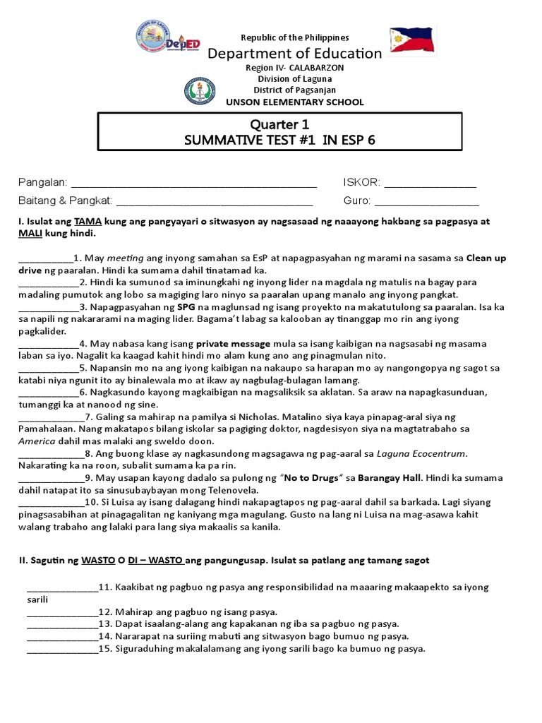Q1-Esp 6-Summative Test #1 | PDF