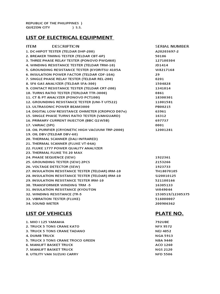 Electrical Equipment and Vehicle List | PDF | Insulator (Electricity ...