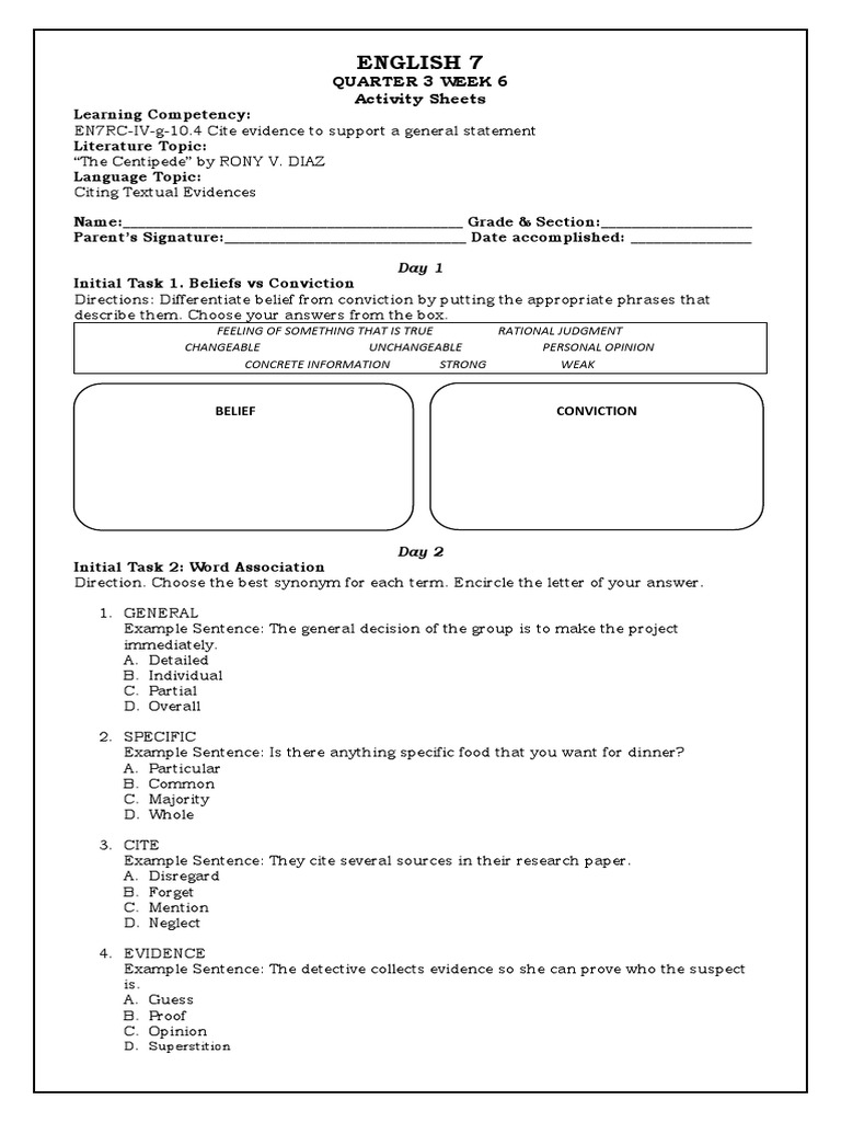ENGLISH 7 Q3W6 Activity Sheets1 | PDF | Evidence