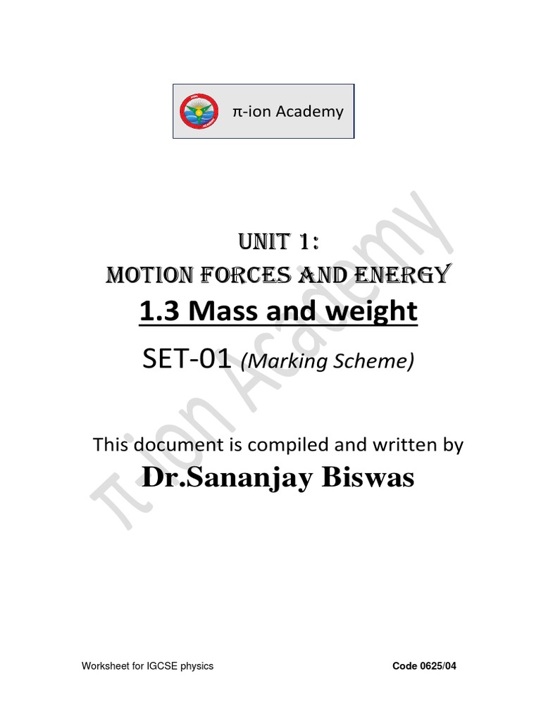 1.3 Mass and Weight - SET 01 (Marking Scheme) | PDF | Mass | Weight