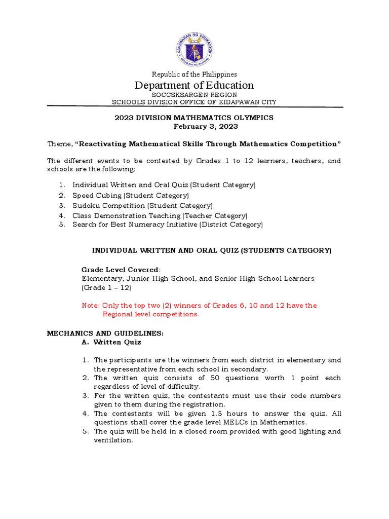 2023 Division Mathematics Olympics | PDF | Teaching Method | Teachers