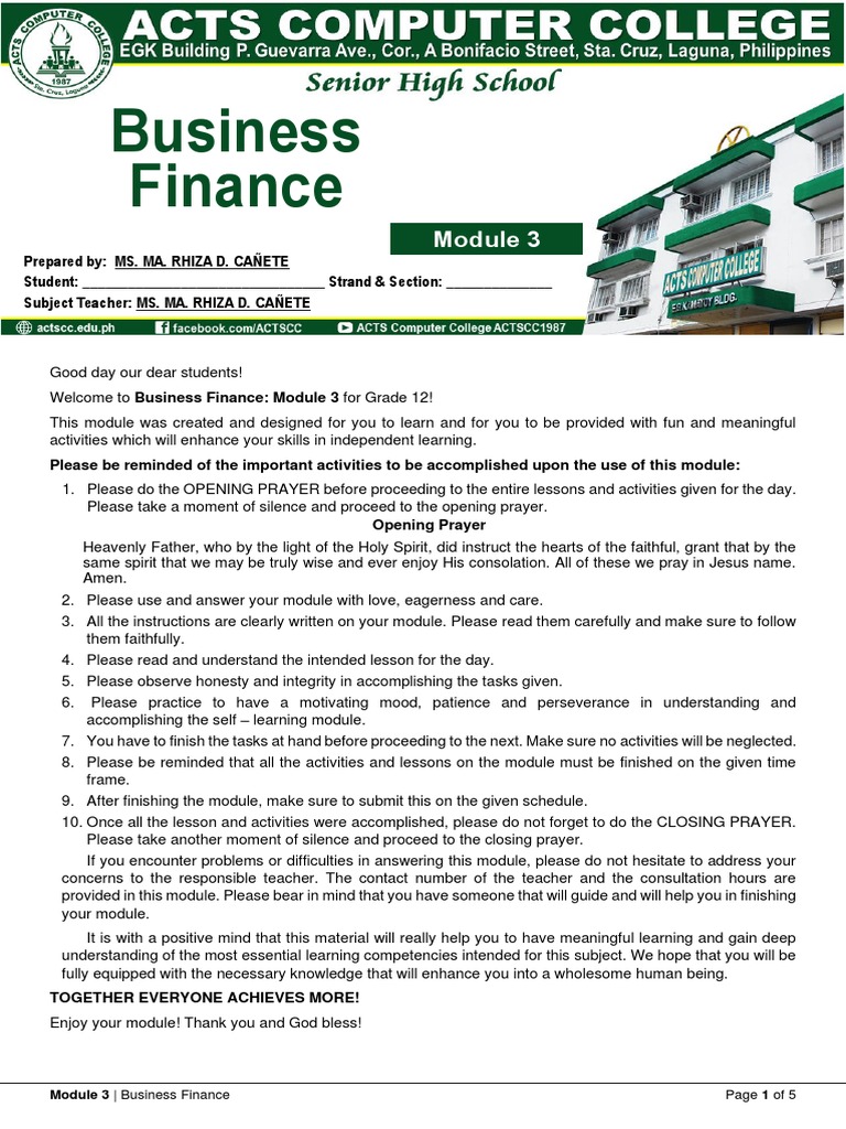Business Finance Module 3 Financial System Pdf