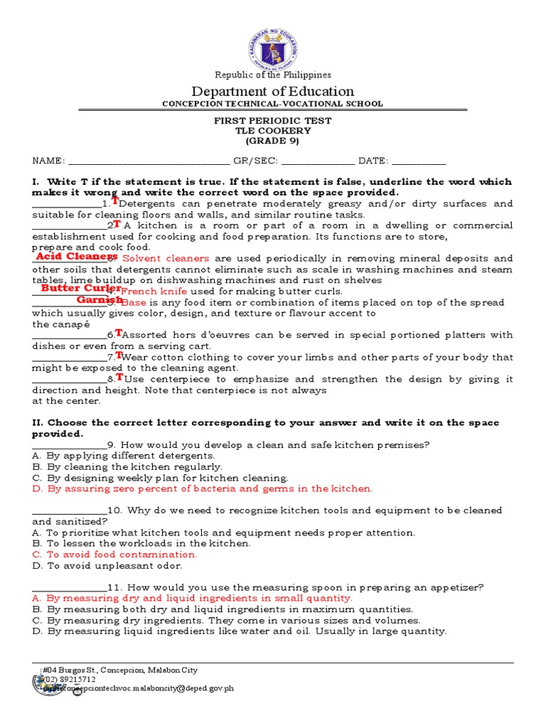 First Quarter Exam Tle 9 Cookery Tos | PDF | Foods | Home