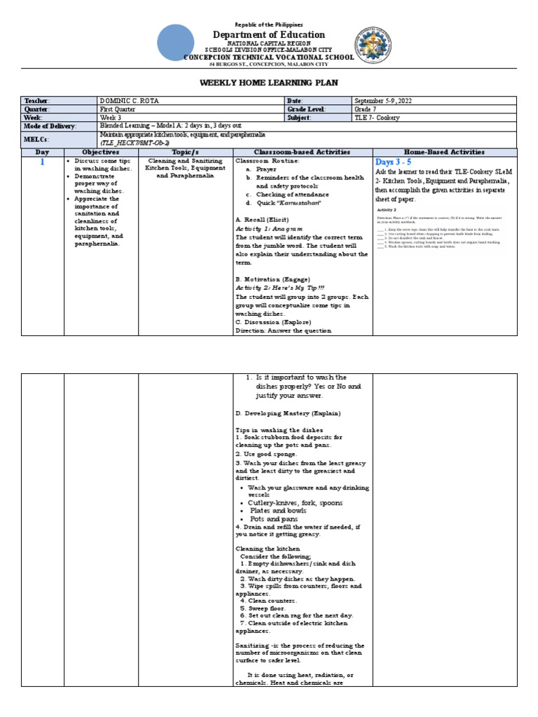 Tle 7 - Cookery Week 3 | PDF | Knife | Dishwasher