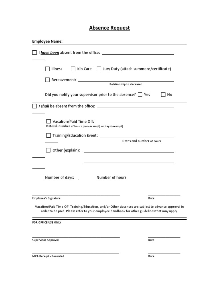 Absence Request Form Blank | PDF | Career & Growth
