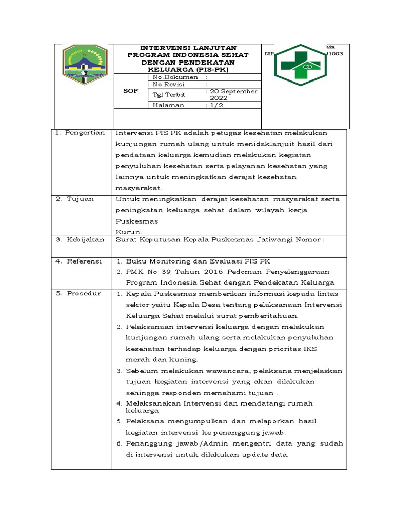 SOP Intervensi Awal Pispk | PDF