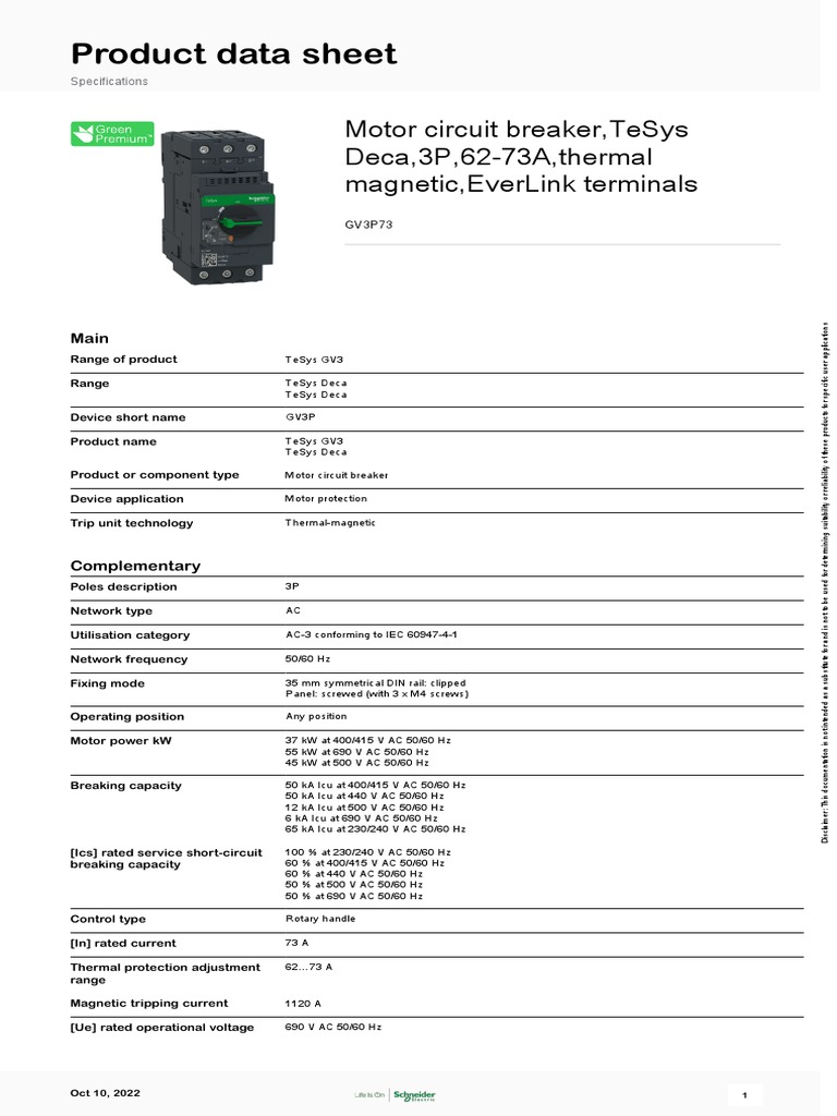 Motor Circuit Breaker Specs | PDF | Alternating Current | Electric Motor