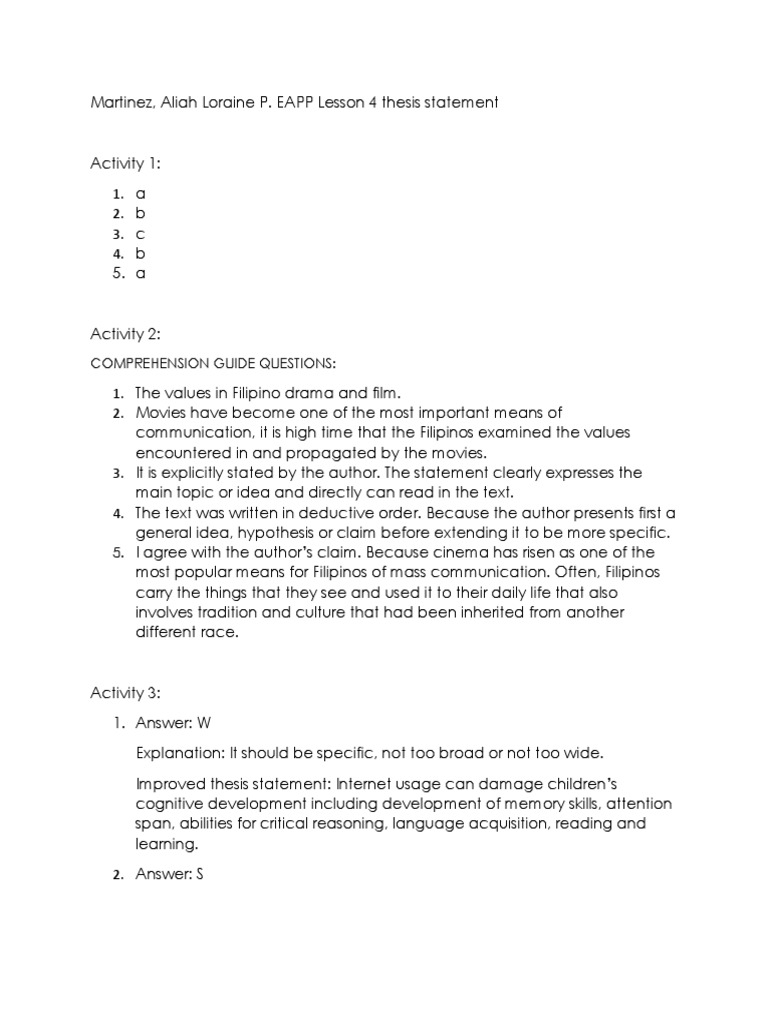EAPP Lesson 4 Thesis Statement Analysis | PDF | Thesis | Reading Comprehension