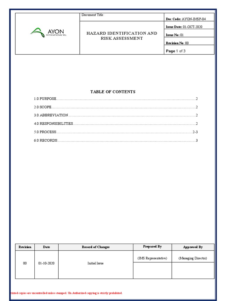 Procedure 04 - Hazard Identification and Risk Assessment | PDF ...