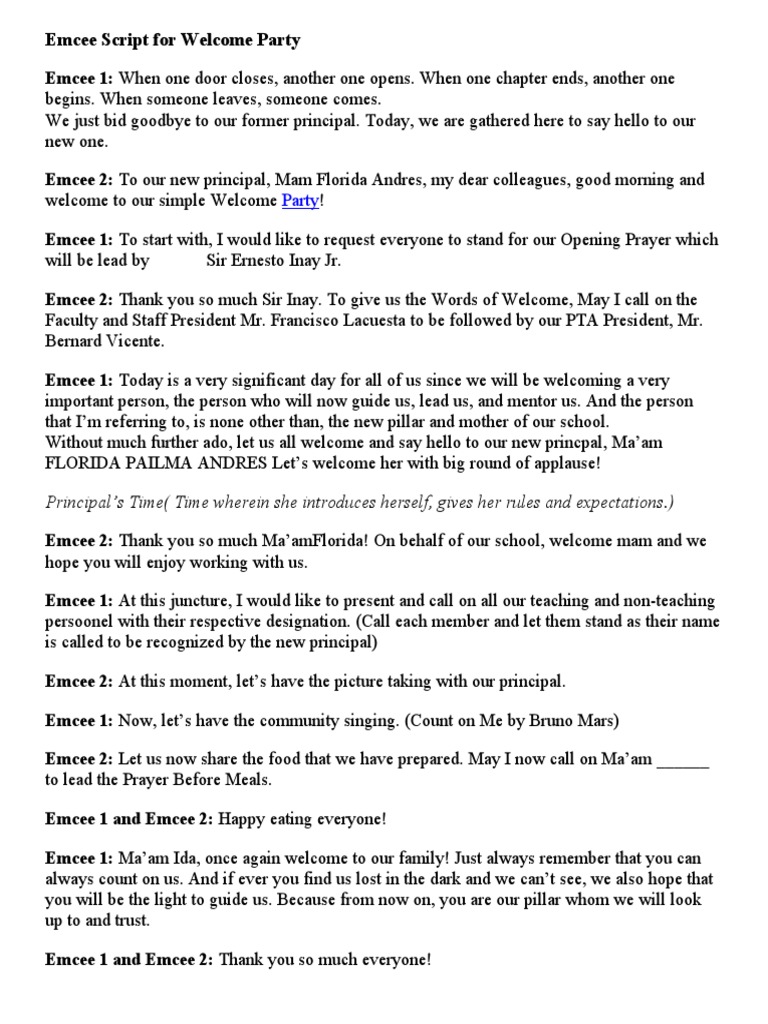 Emcee Script For Welcome Party | PDF