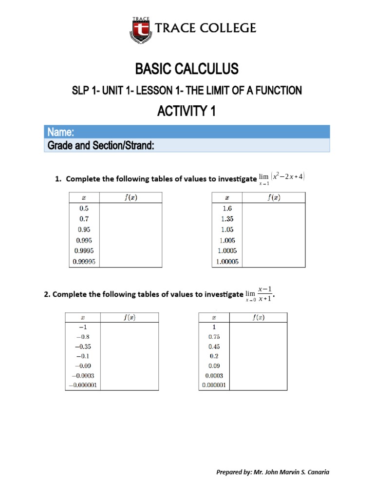 SLP 1 - Unit 1 - Lesson 1 - Activity 1 (Basic Calculus) | PDF