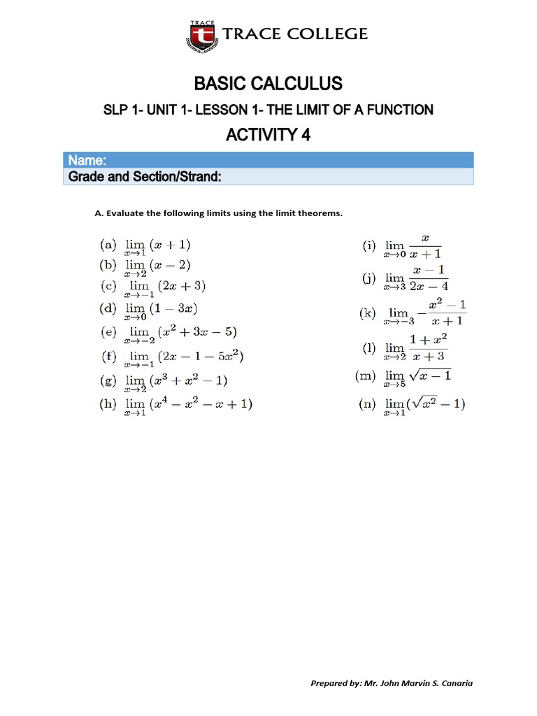 SLP 1 - Unit 1 - Lesson 1 - Activity 4 (Basic Calculus) | PDF | Teaching Methods & Materials ...