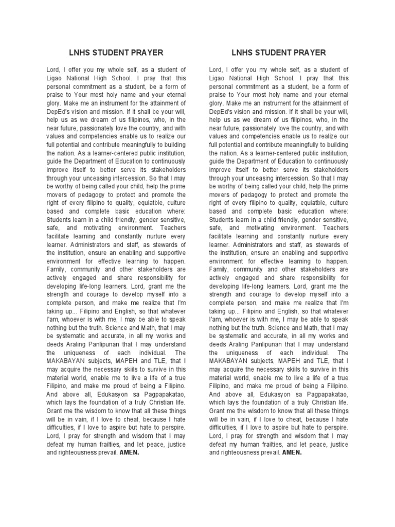 LNHS Student Prayer for Education and Values | PDF | Learning | Behavior Modification