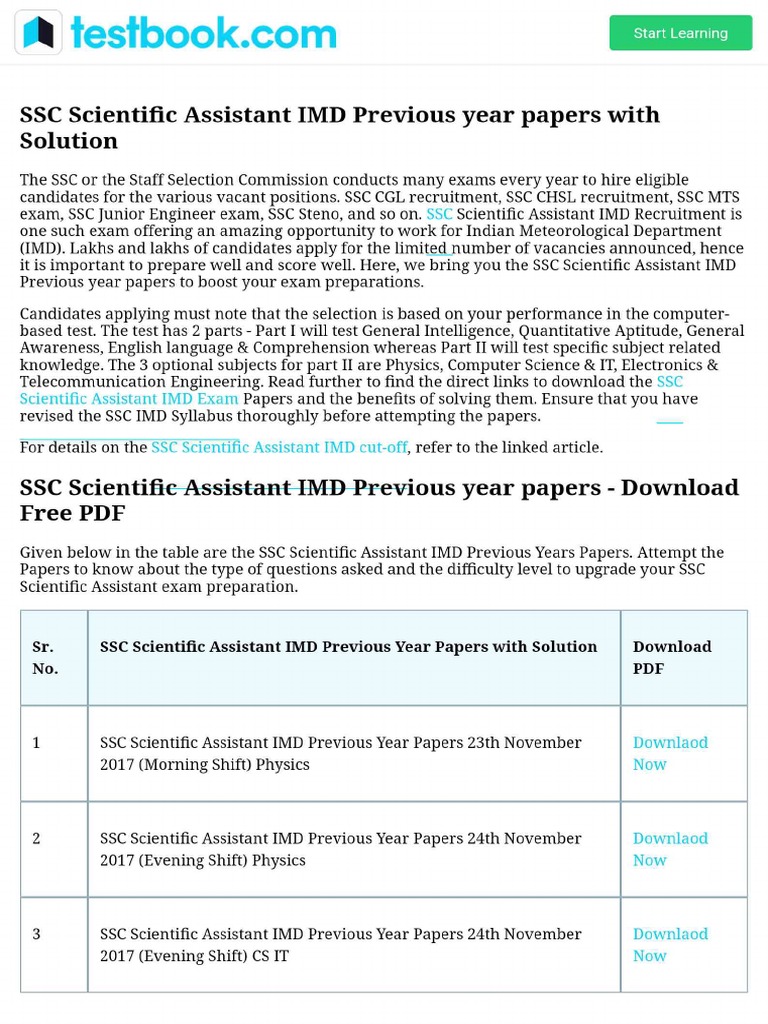 SSC Scientific Assistant IMD Previous Year Papers With Solution | PDF
