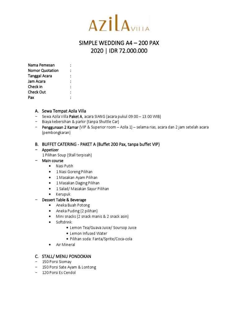 Package A4 - Wedding 200 Pax - Azila Villa 2020 MC | PDF