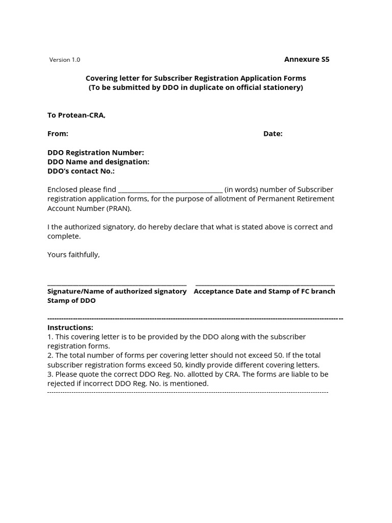 S5 DDO Covering Letter For Subs Registration | PDF