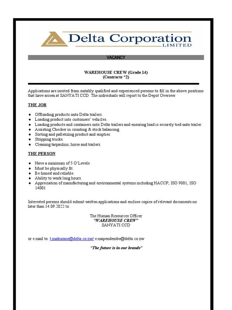 Warehouse Crew Advert - SANYATI CCD | PDF