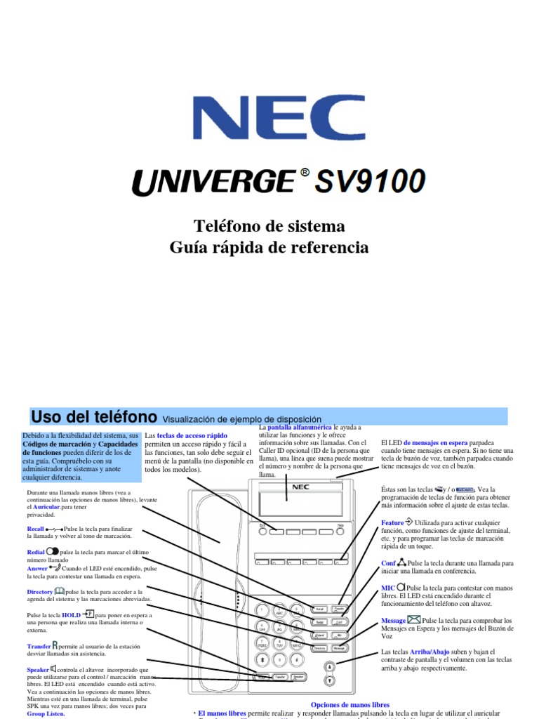 Manual en Español TELEFONO NEC SV9100 MLT | PDF | Reciclaje | Teléfono