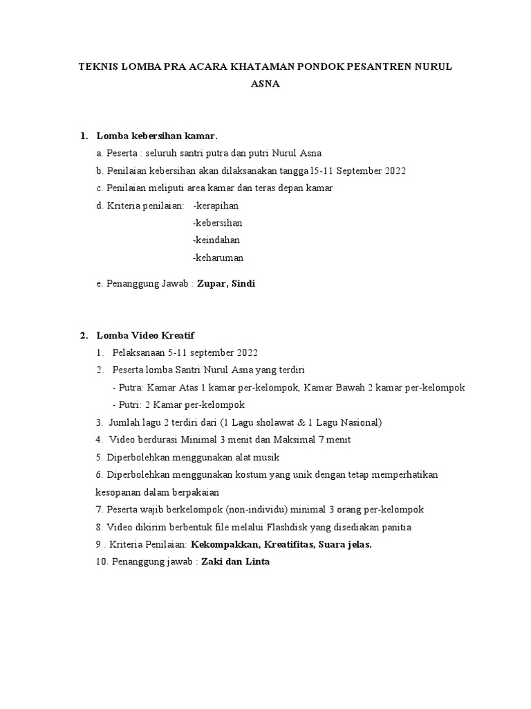 Teknis Lomba Pra Acara Khataman Pondok Pesantren Nurul Asna | PDF