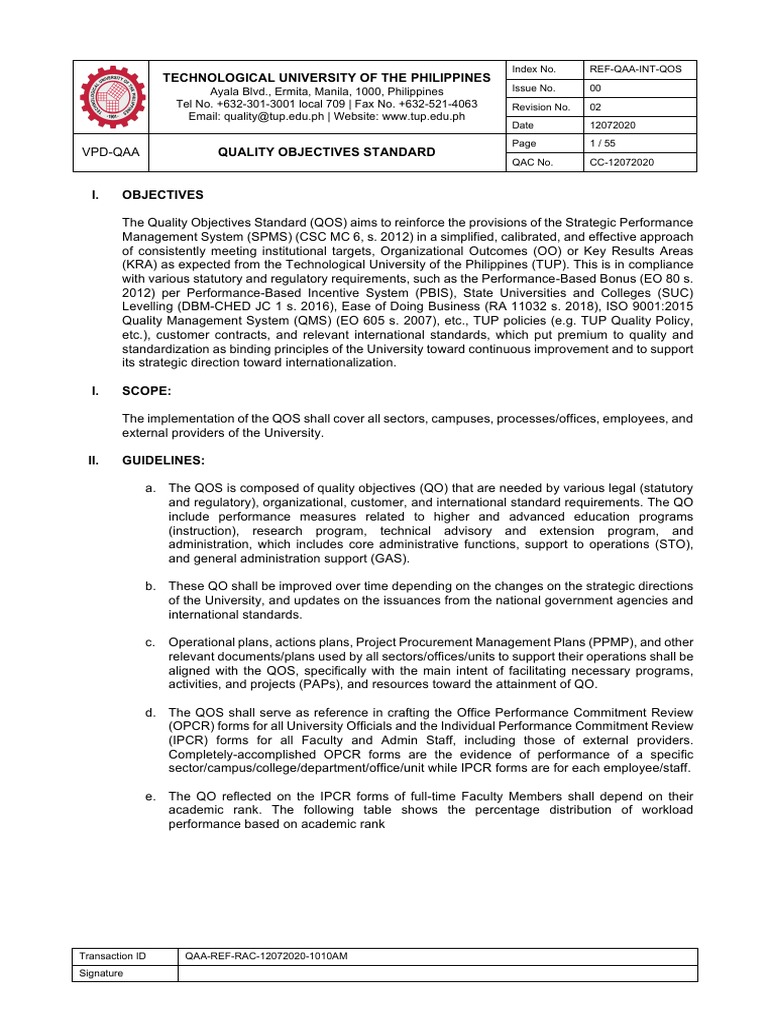 TUP Quality Objectives Standard REF QAA INT QOS I00 R02 12072020 | PDF ...