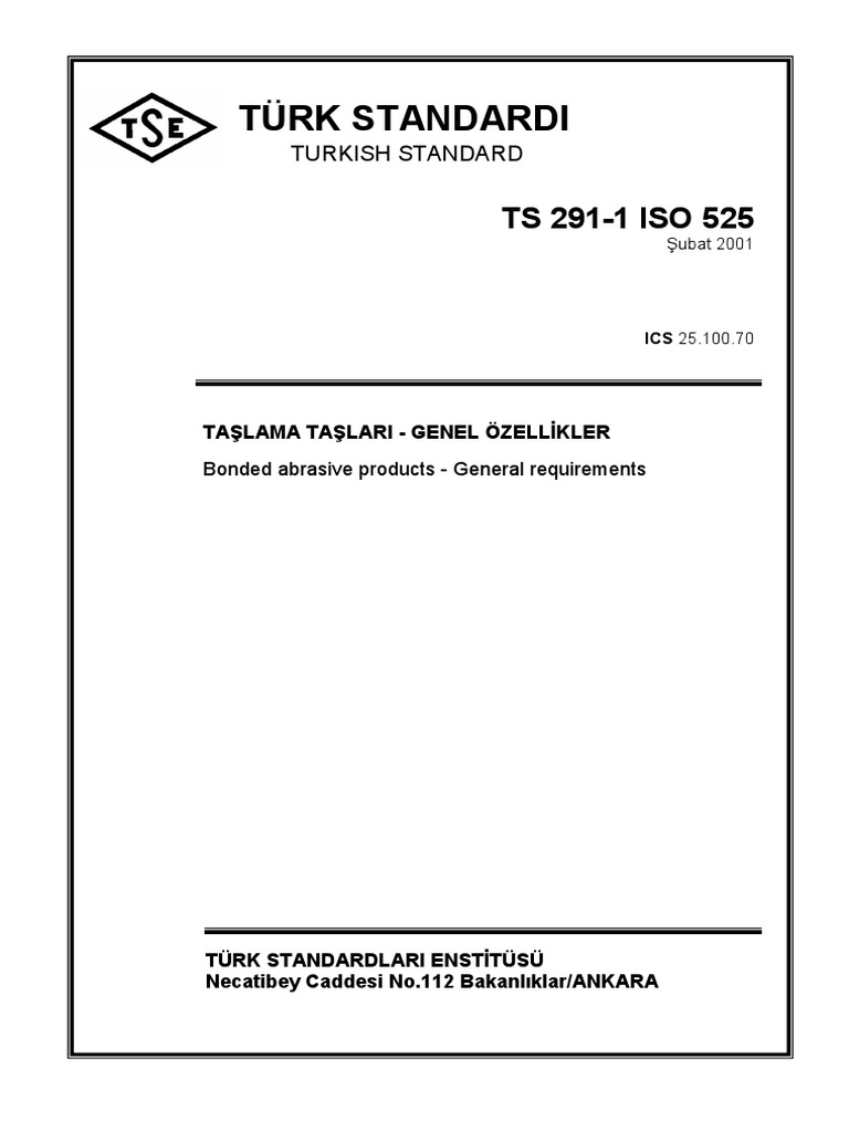 TS 291-1 Iso 525 - Taşlama Taşlari - Genel Özelli̇kler | PDF