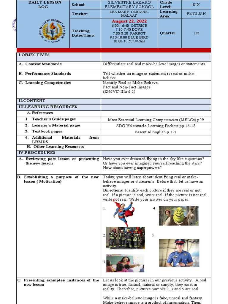 Lesson 1 Quarter 1 Real or Make Believe | PDF | Cognitive Science | Behavior Modification