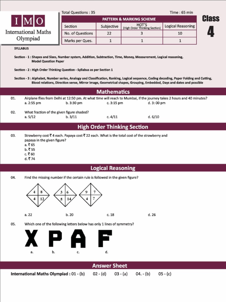 IMO Class 4 Sample Paper | PDF