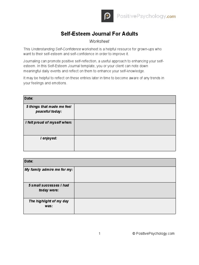 Self Esteem Journal For Adults Worksheet | PDF