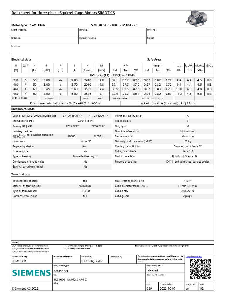 Data Sheet For Three-Phase Squirrel-Cage-Motors SIMOTICS: Motor Type ...