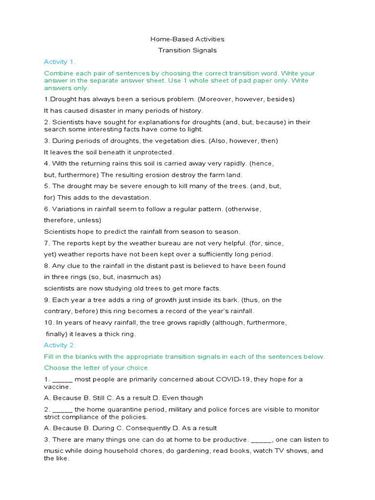 Transition Signals Home Based Activities Students | PDF | Drought | Rain