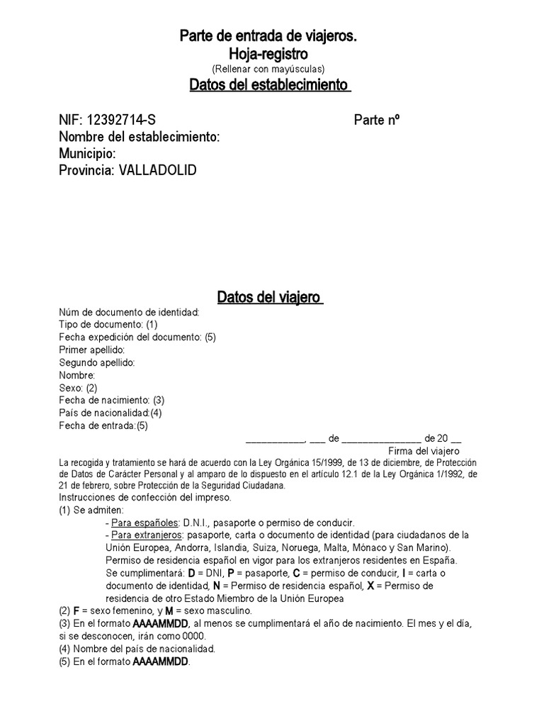 Modelo Oficial Parte de Viajeros | PDF